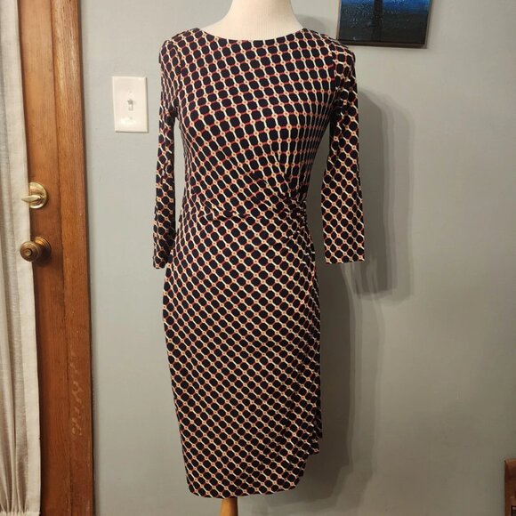 Talbots | Dresses | Talbots Faux Wrap Sheath Dress Stretch Black White ...